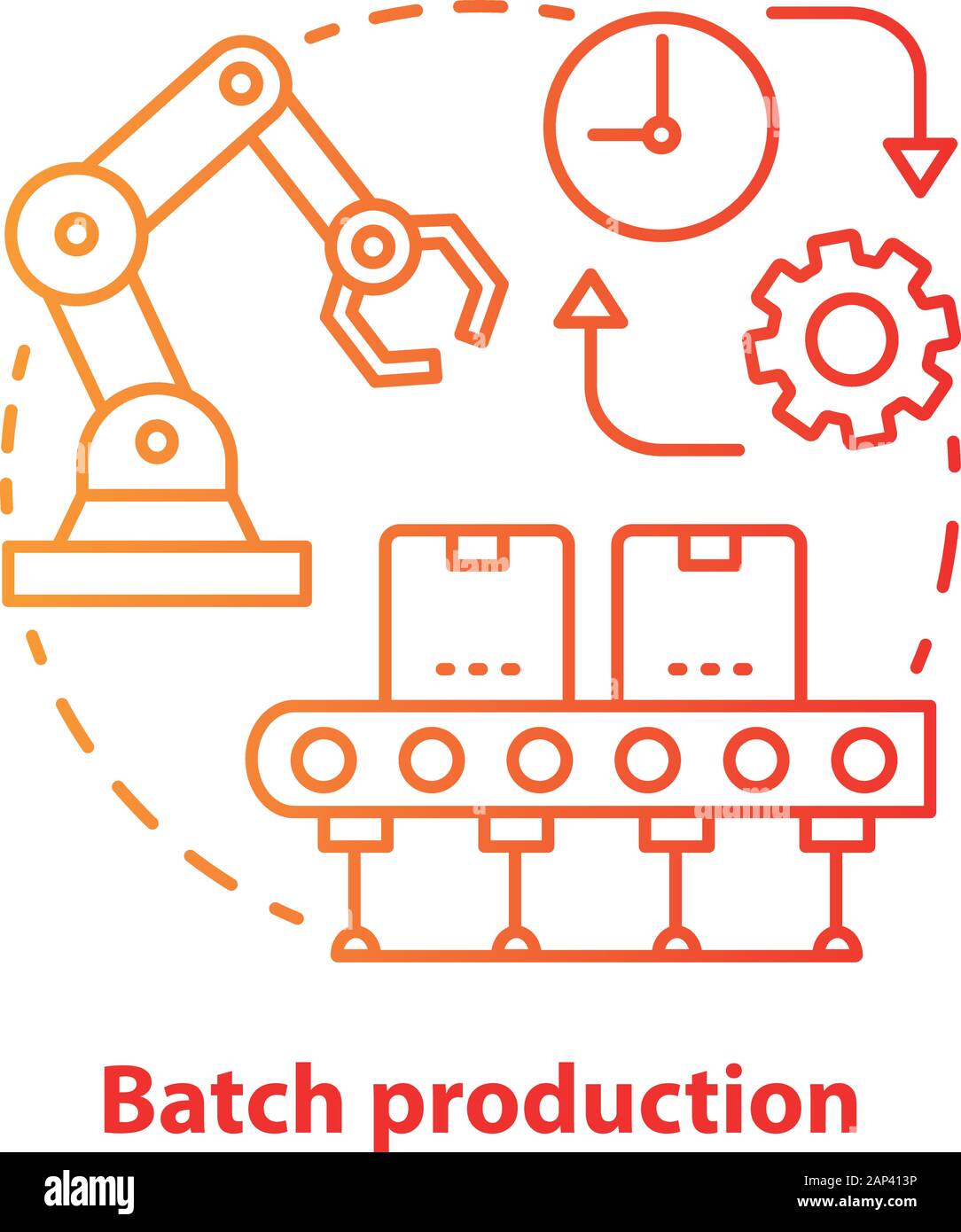 Batch production red concept icon. Manufacturing method idea thin line ... Batch production red concept icon. Manufacturing method idea thin line ...