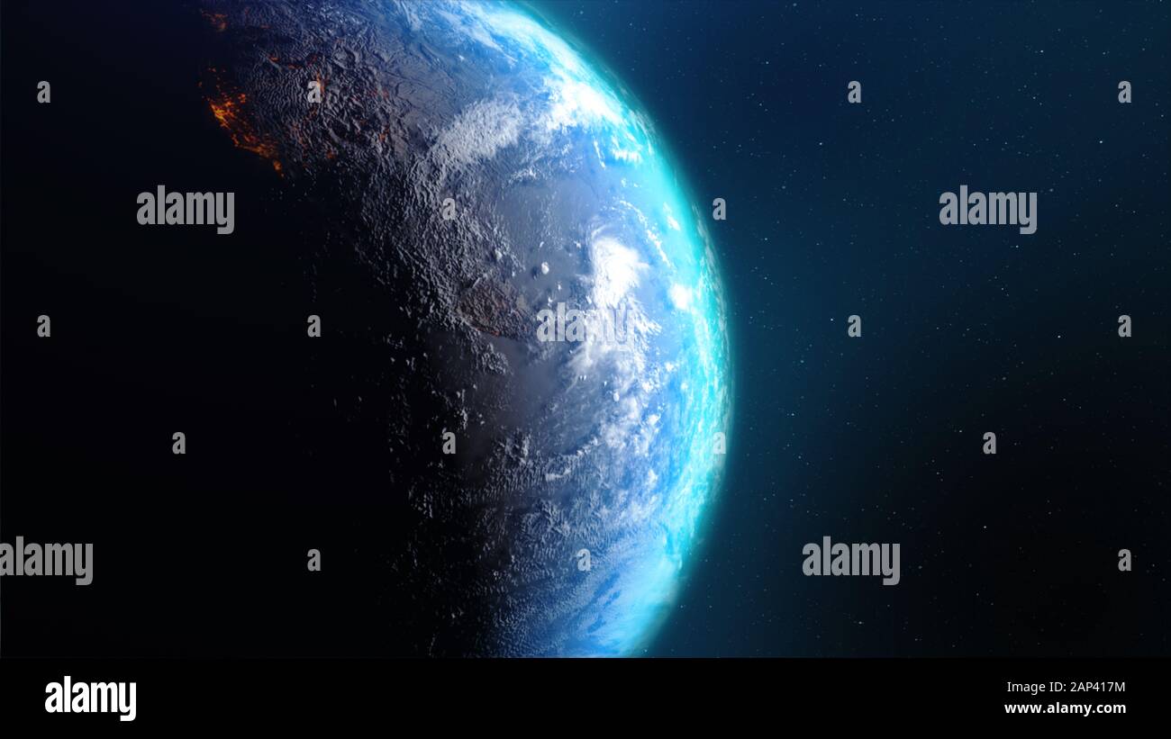 3D Rendering earth with world map hot terrain cloud and water against ...