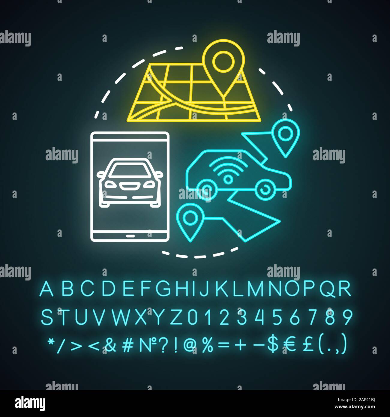 Driverless taxi neon light concept icon. Robo-Cab. Rout for self ...