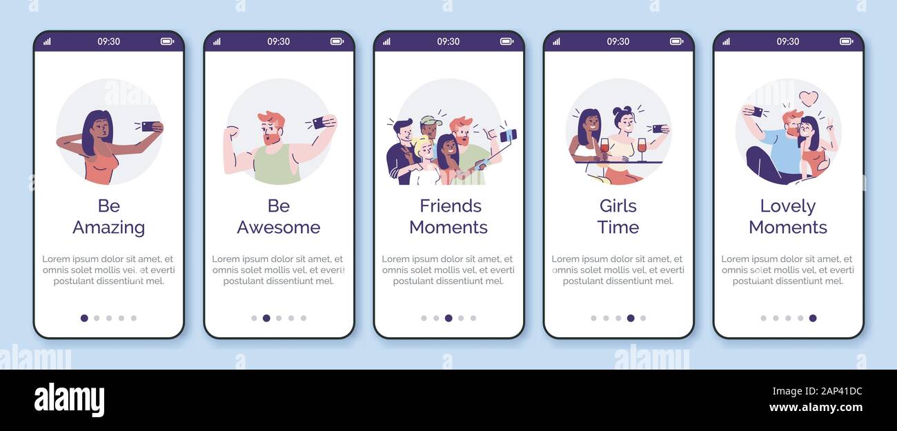Selfie onboarding mobile app screen vector template. Taking bright self ...