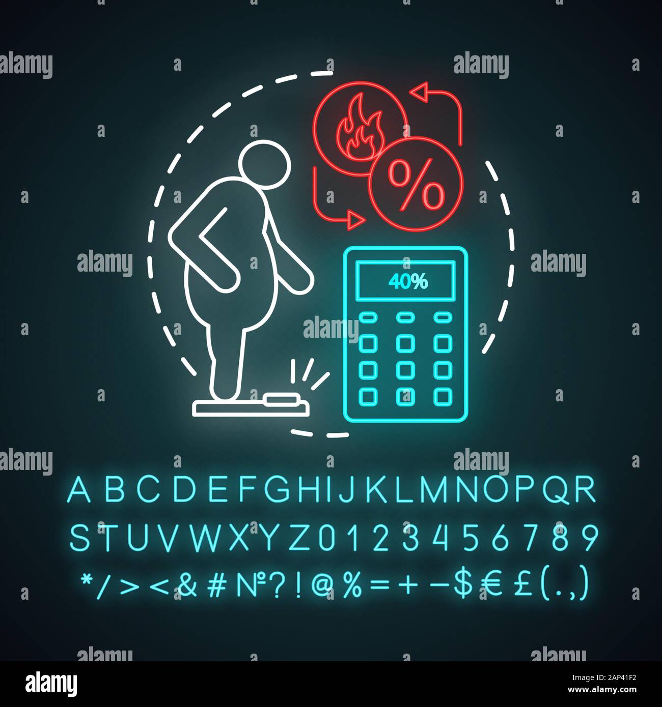 Body fat percentage neon light concept icon. Patient suffering from ...