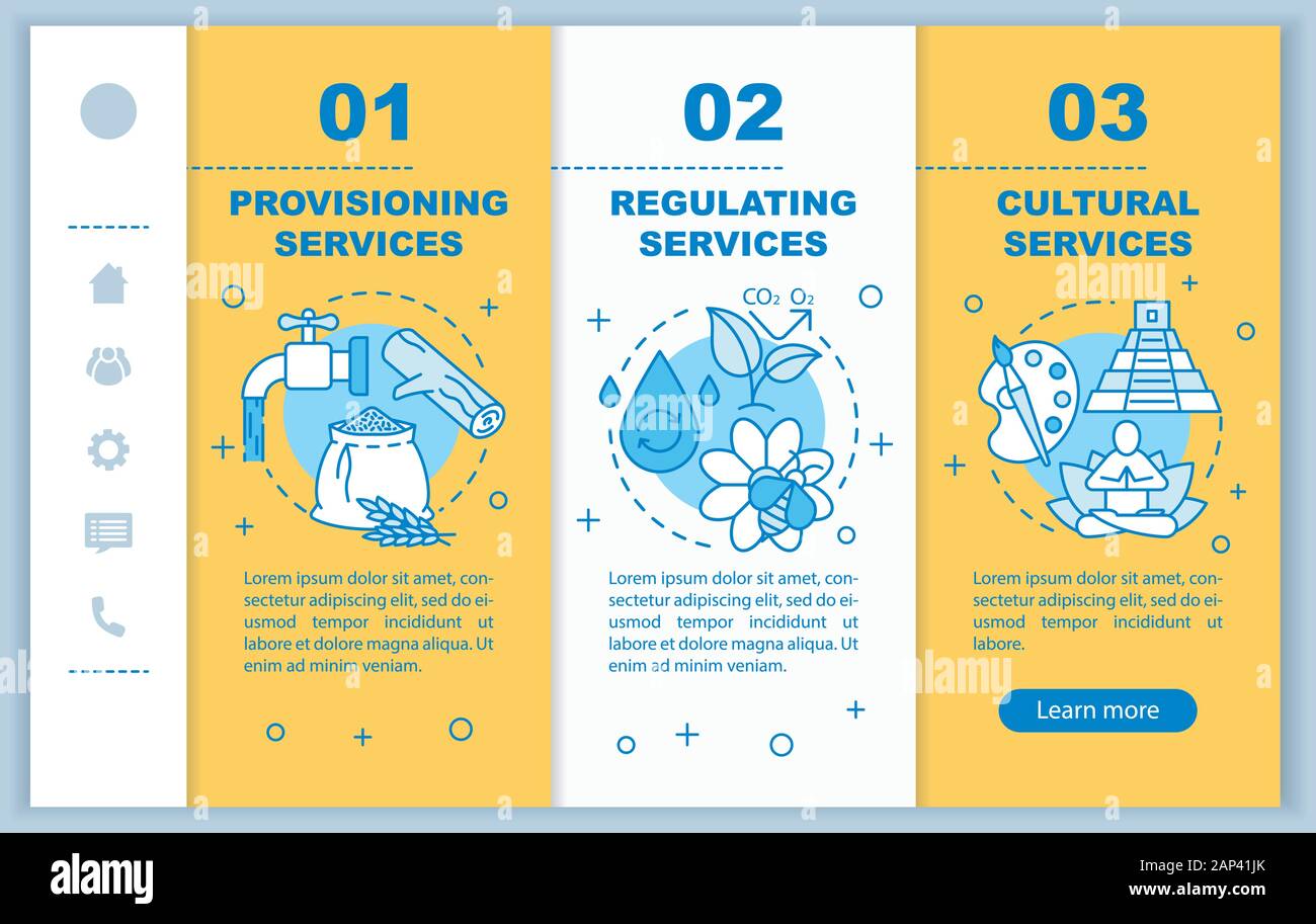 Ecosystem services onboarding mobile web pages vector template. Provisioning. Responsive ...