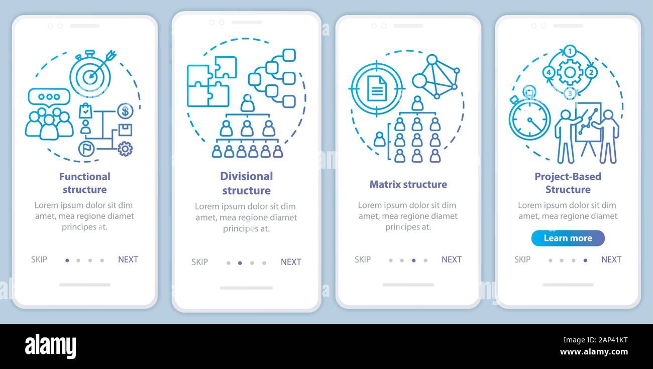 Corporate structure onboarding mobile app page screen with linear concepts. Organization ...