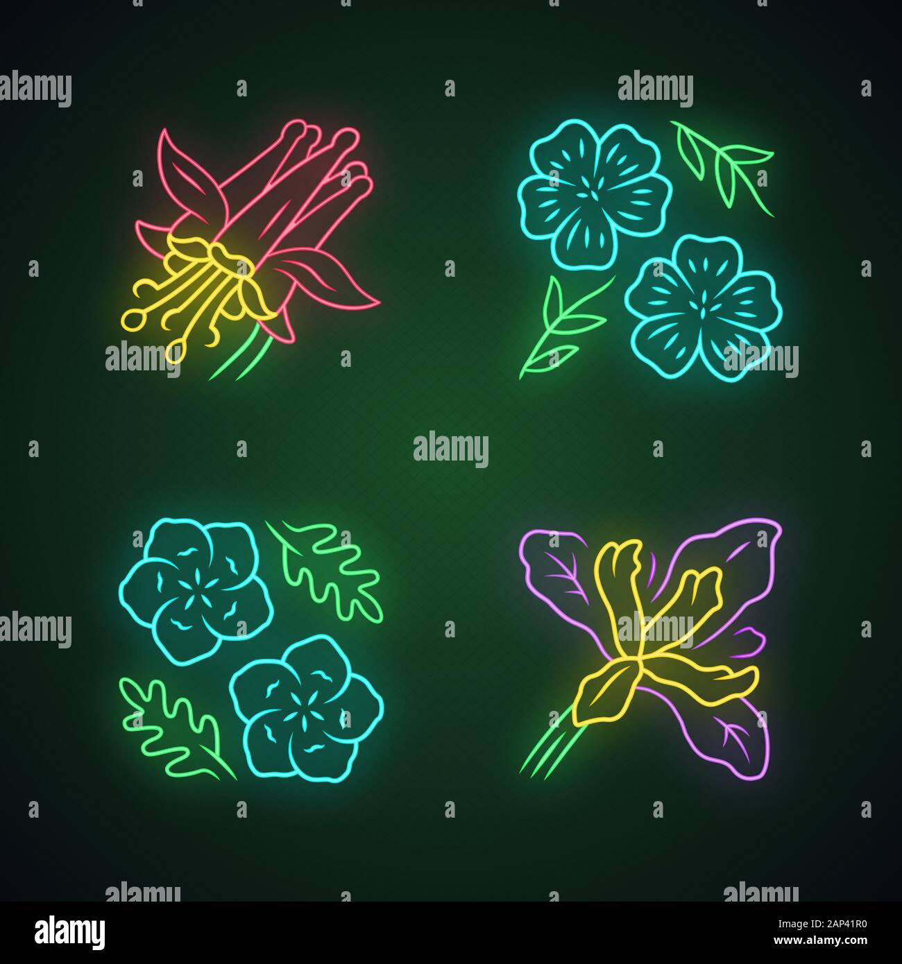Wild flowers neon light icons set. Crimson columbine, blue flax, linum ...