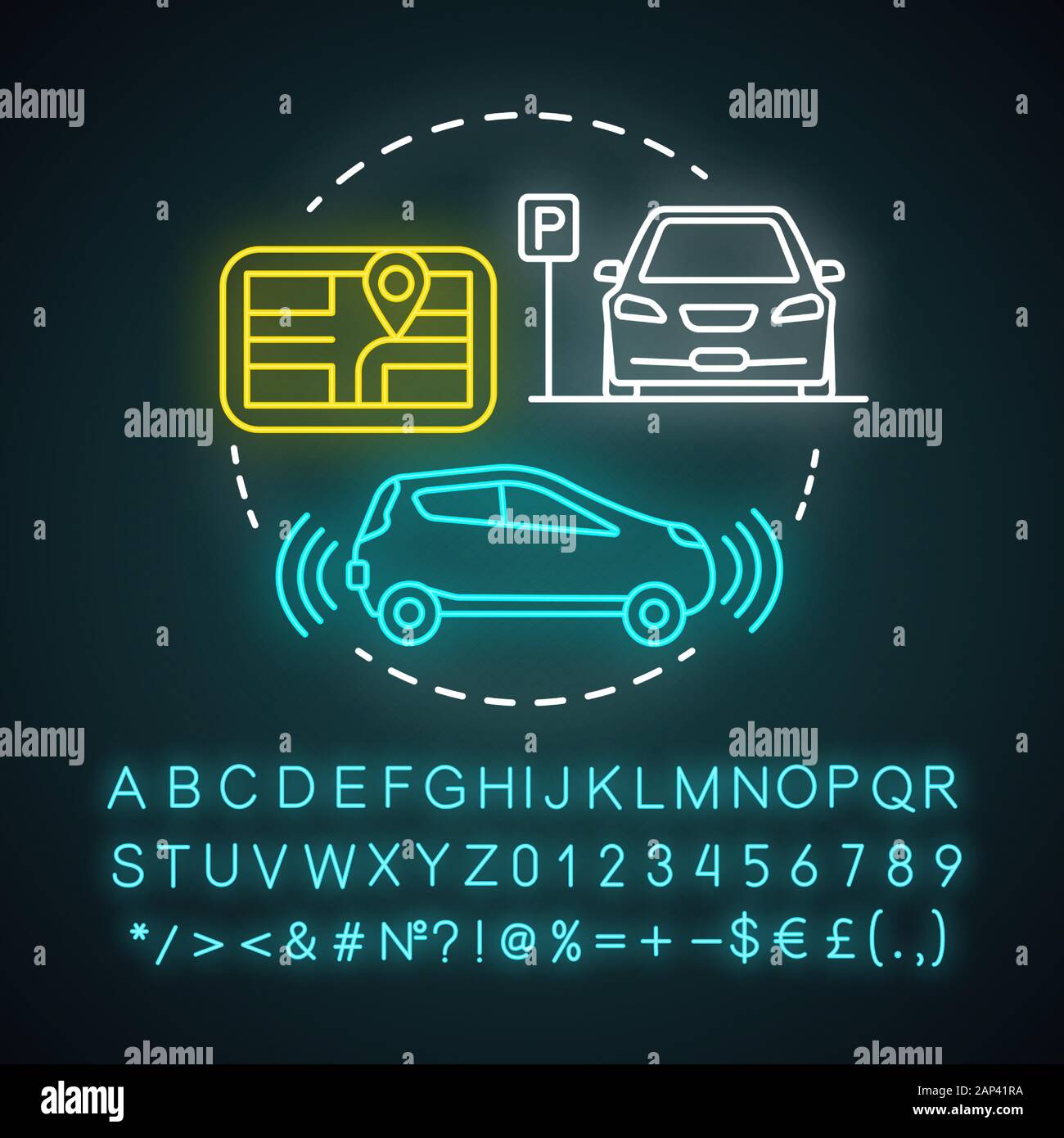 Automatic parking neon light concept icon. Driverless car navigation ...