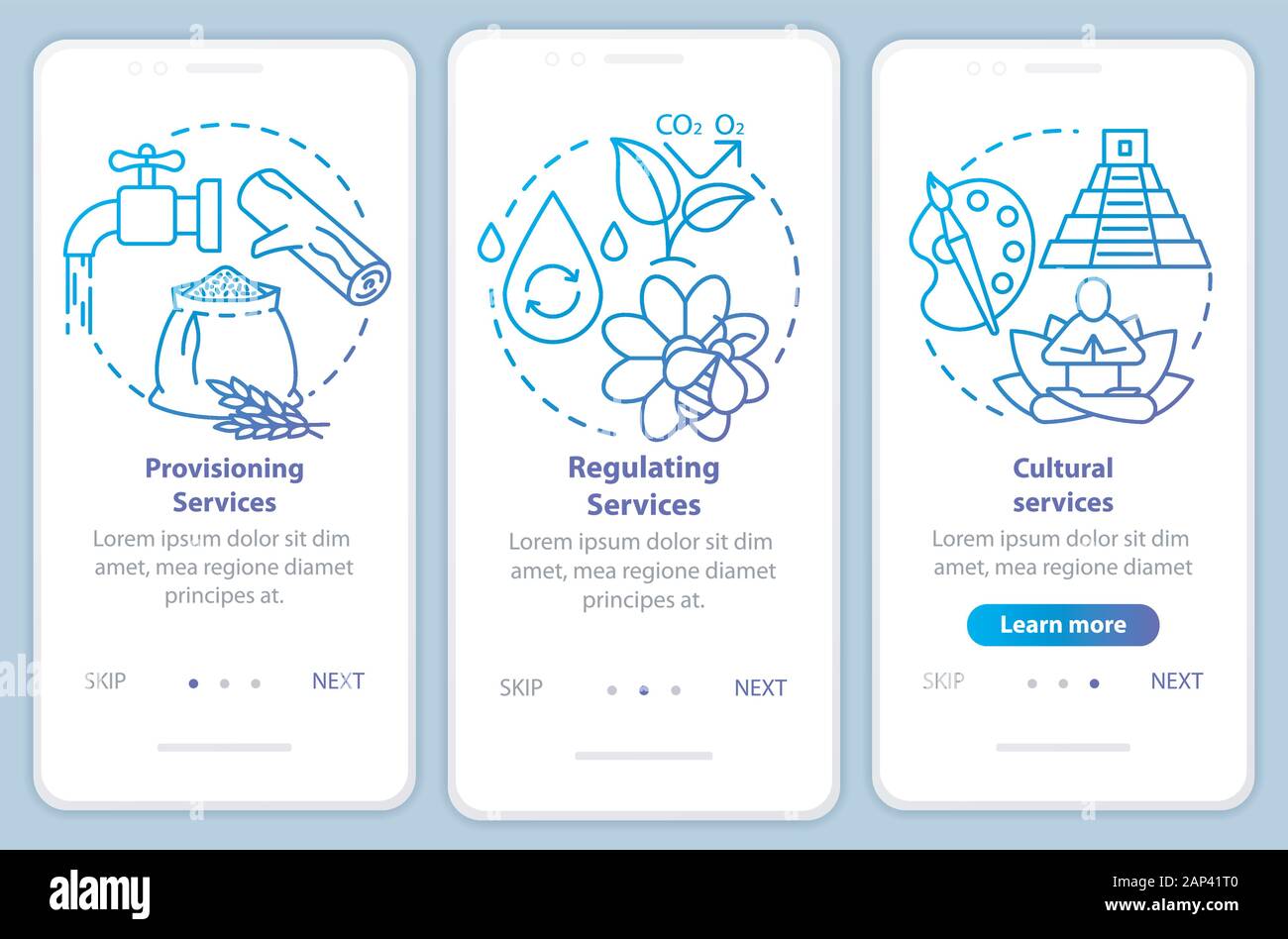 Ecosystem Services Blue Onboarding Mobile App Page Screen With Linear Concepts Supporting And
