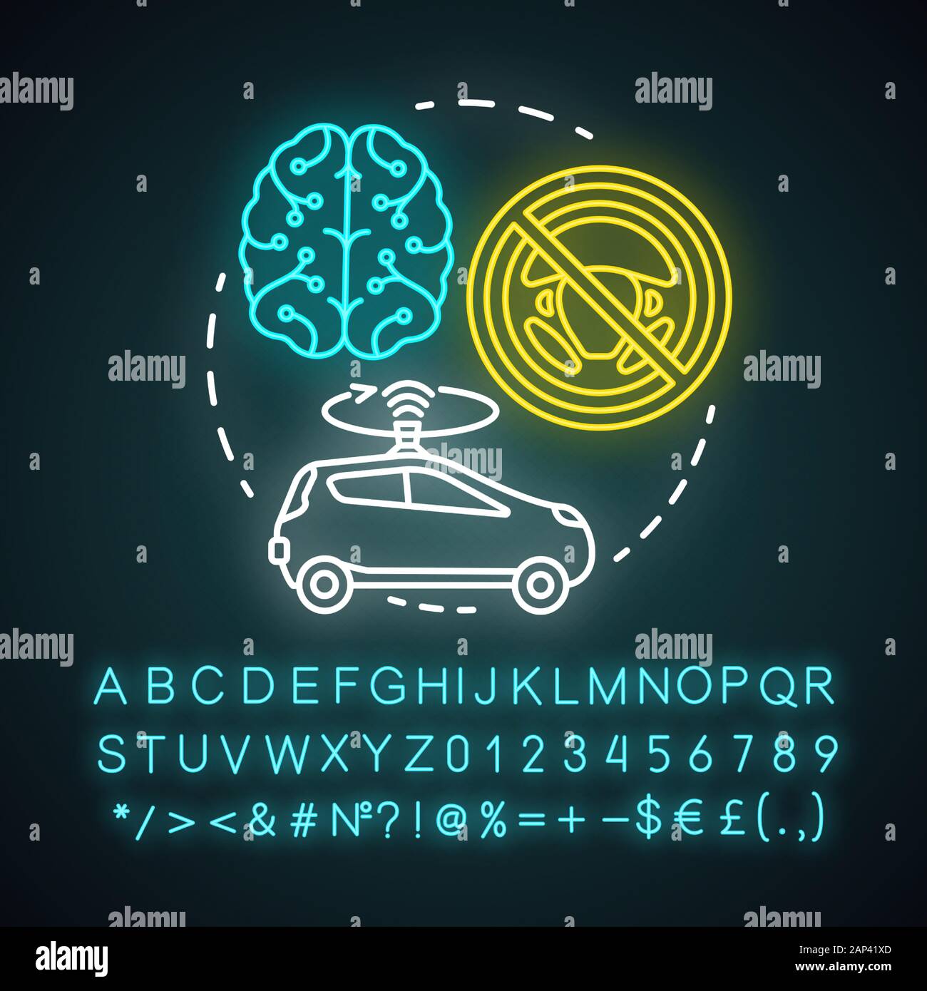 Fully autonomous neon light concept icon. Car driven by artificial ...