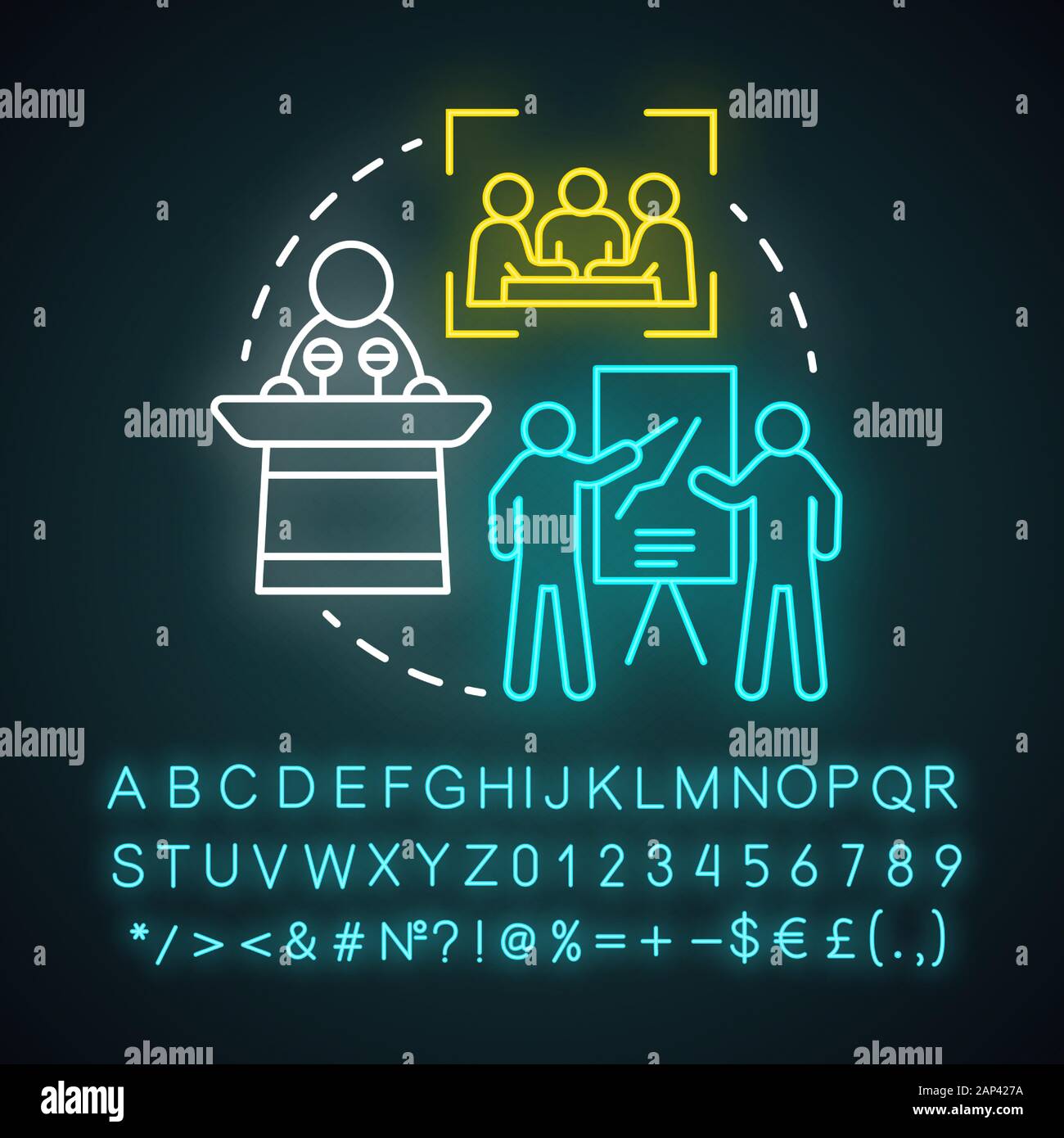 Board meetings neon light concept icon. Conference, seminar, business ...