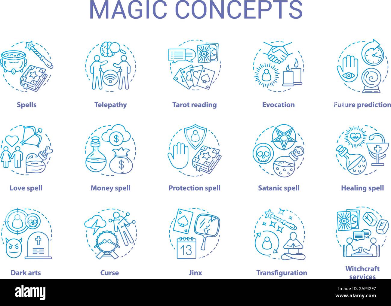 Magic concept icons set. Occultism, sorcery and witchcraft idea thin ...