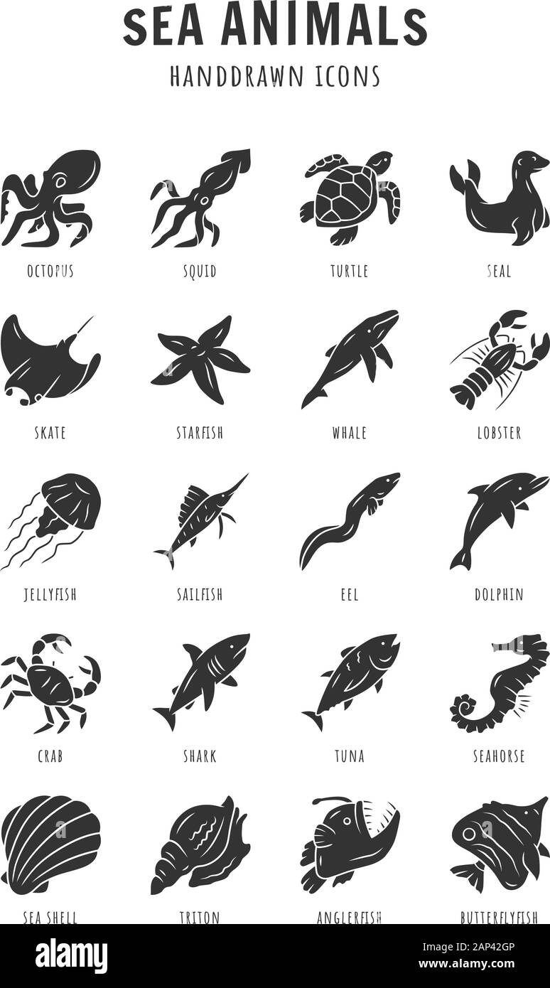 Sea animals glyph icons set. Starfish, butterflyfish, seal. Ocean ...