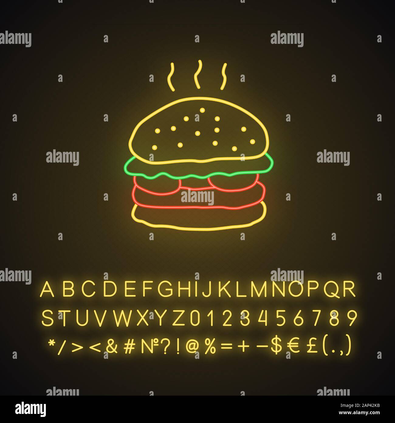 Delicious burger neon light icon. Glowing sign with alphabet, numbers ...