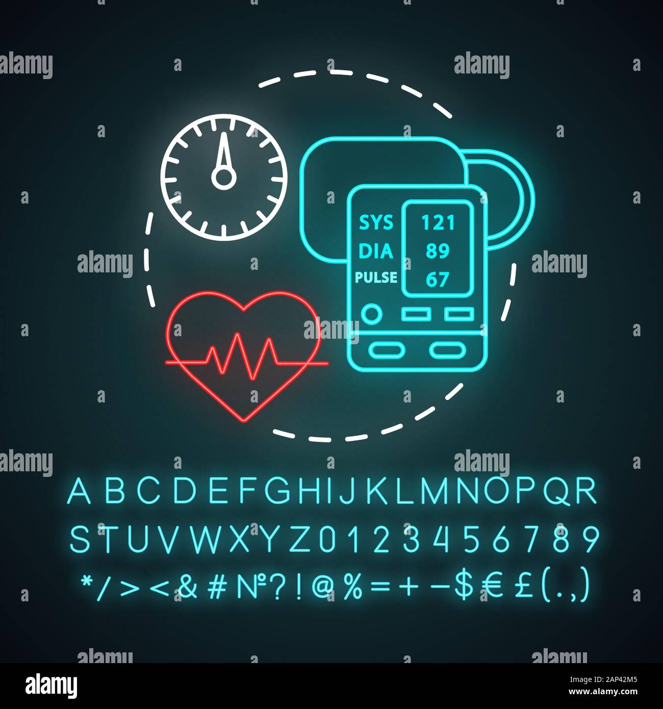 Blood pressure measuring neon light concept icon. Heart functioning ...