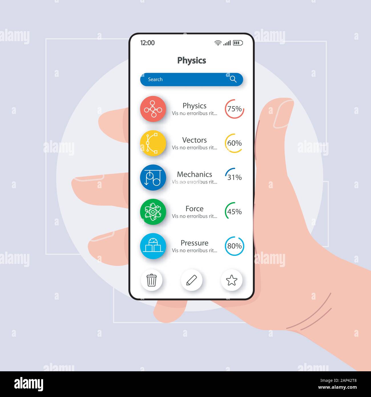 Physics categories smartphone interface vector template. Mobile app ...