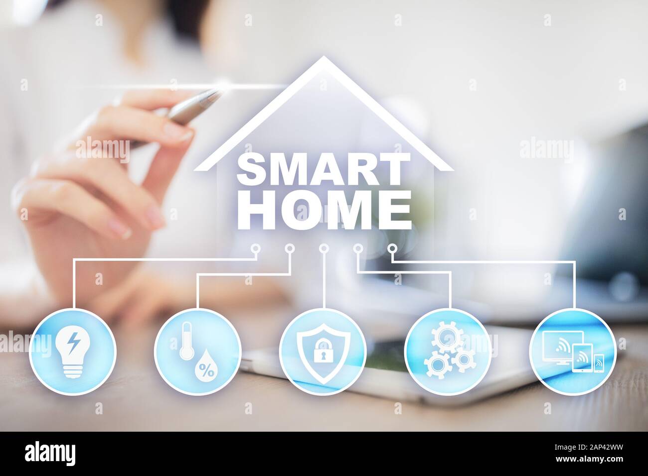 Smart home digital interface on virtual screen. Internet and automation ...