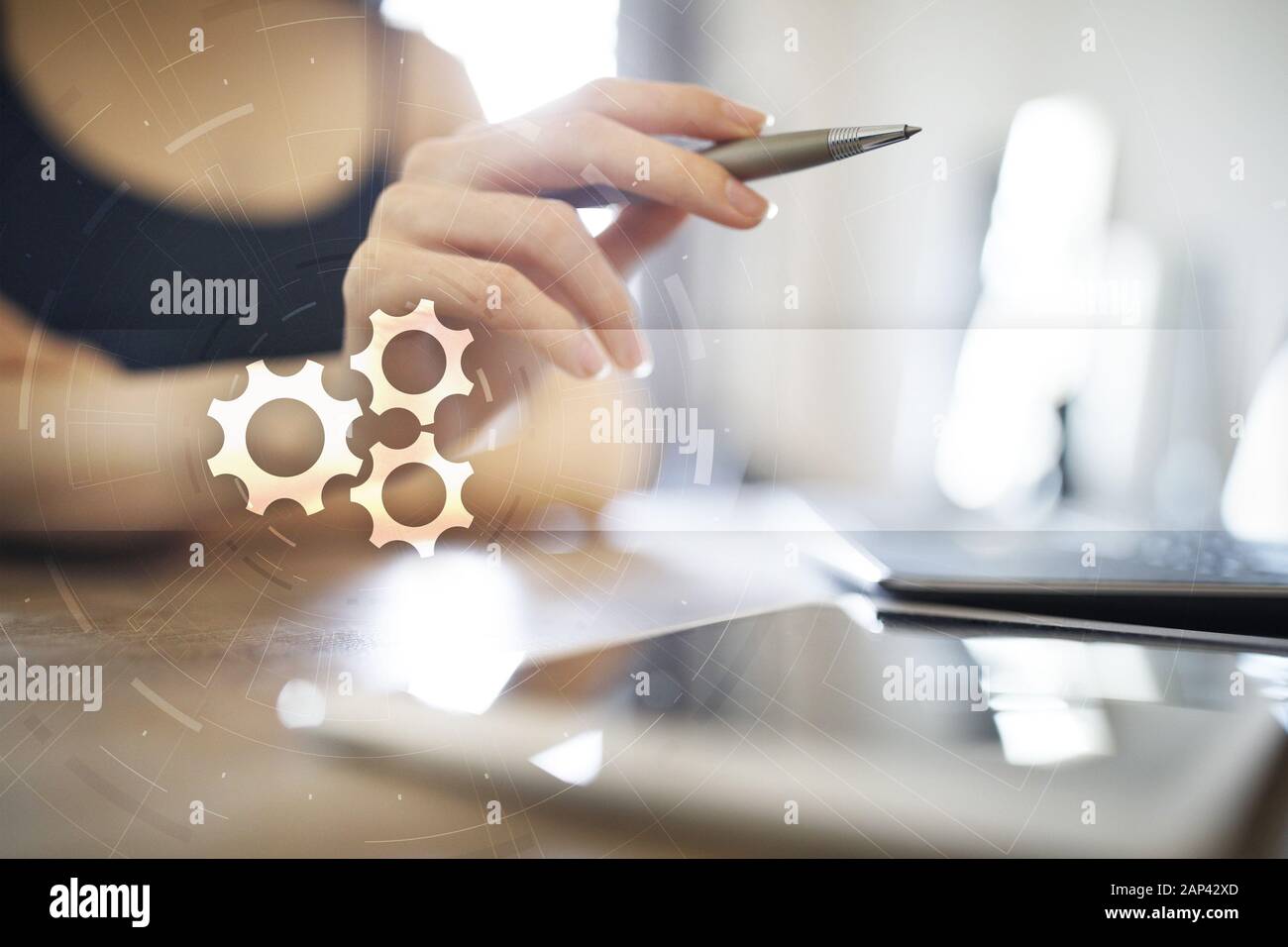 Gears icon on virtual screen with empty space for text. Automation ...