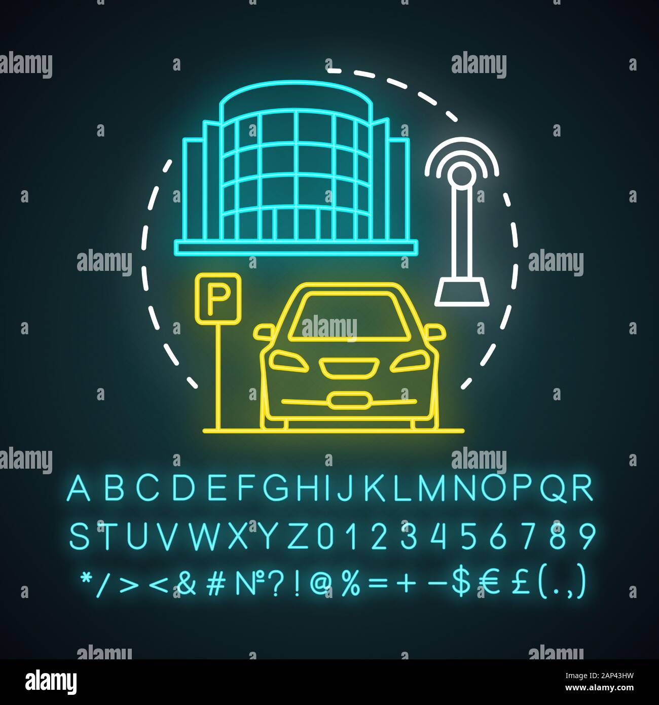 Driverless parking valet neon light concept icon. Smart parking ...