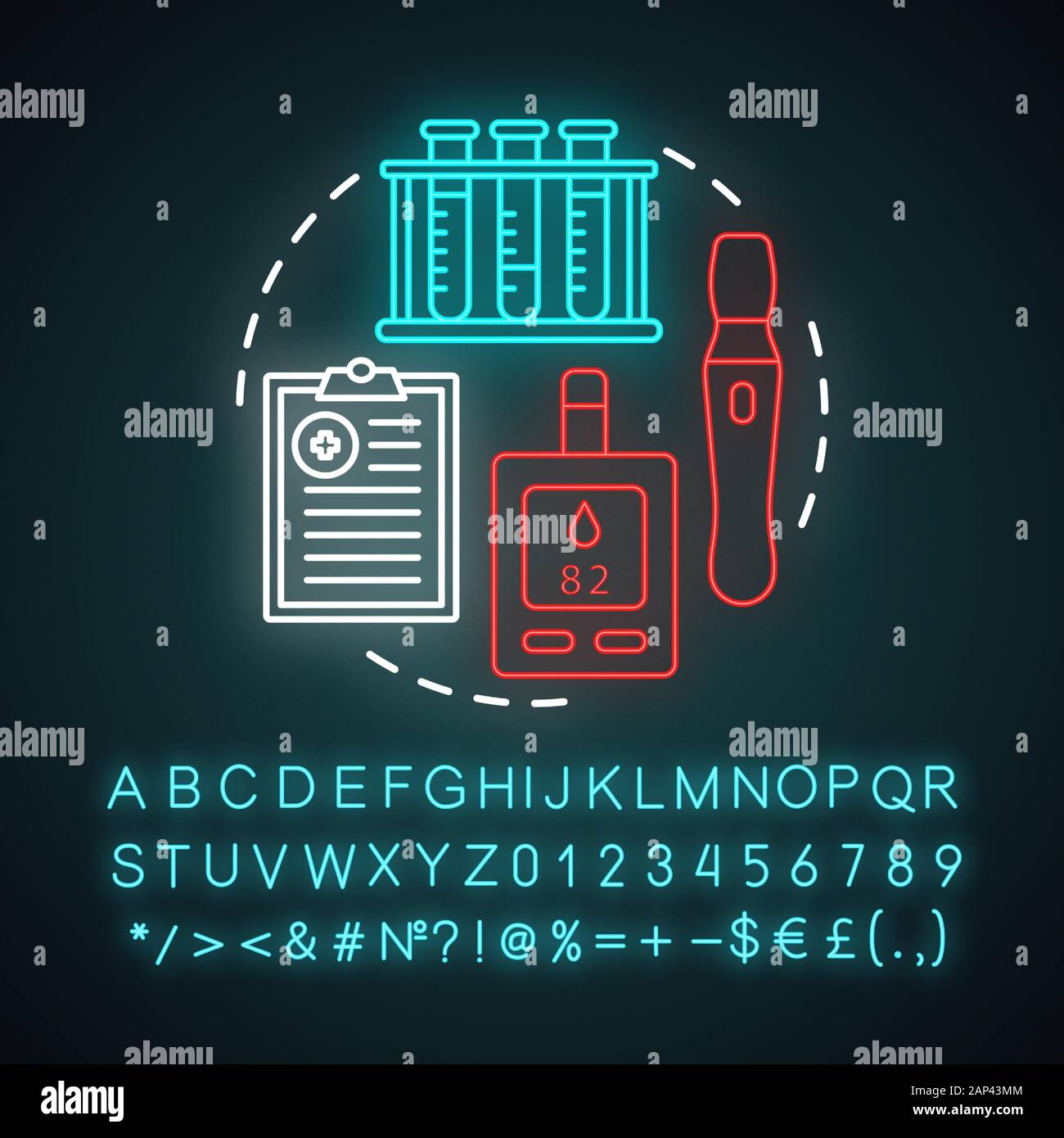 Blood sugar test neon light concept icon. Controlling glucose level ...