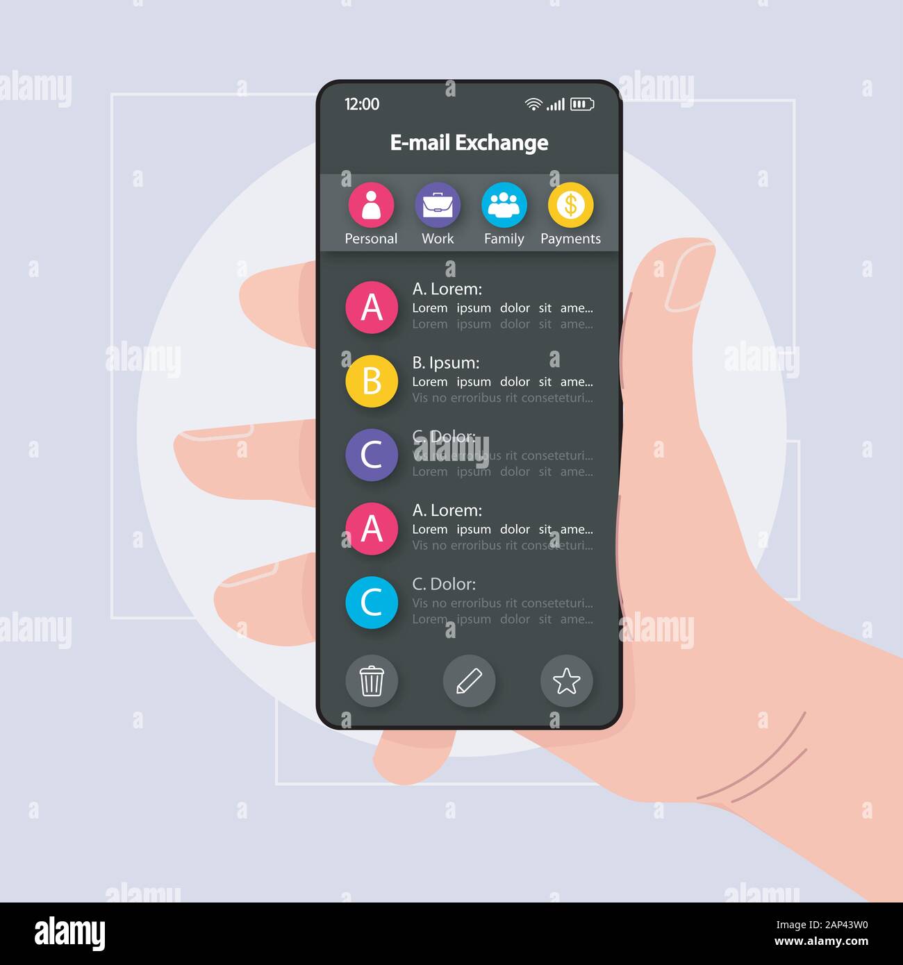 E-mail exchange menu smartphone interface vector template. Mobile app ...