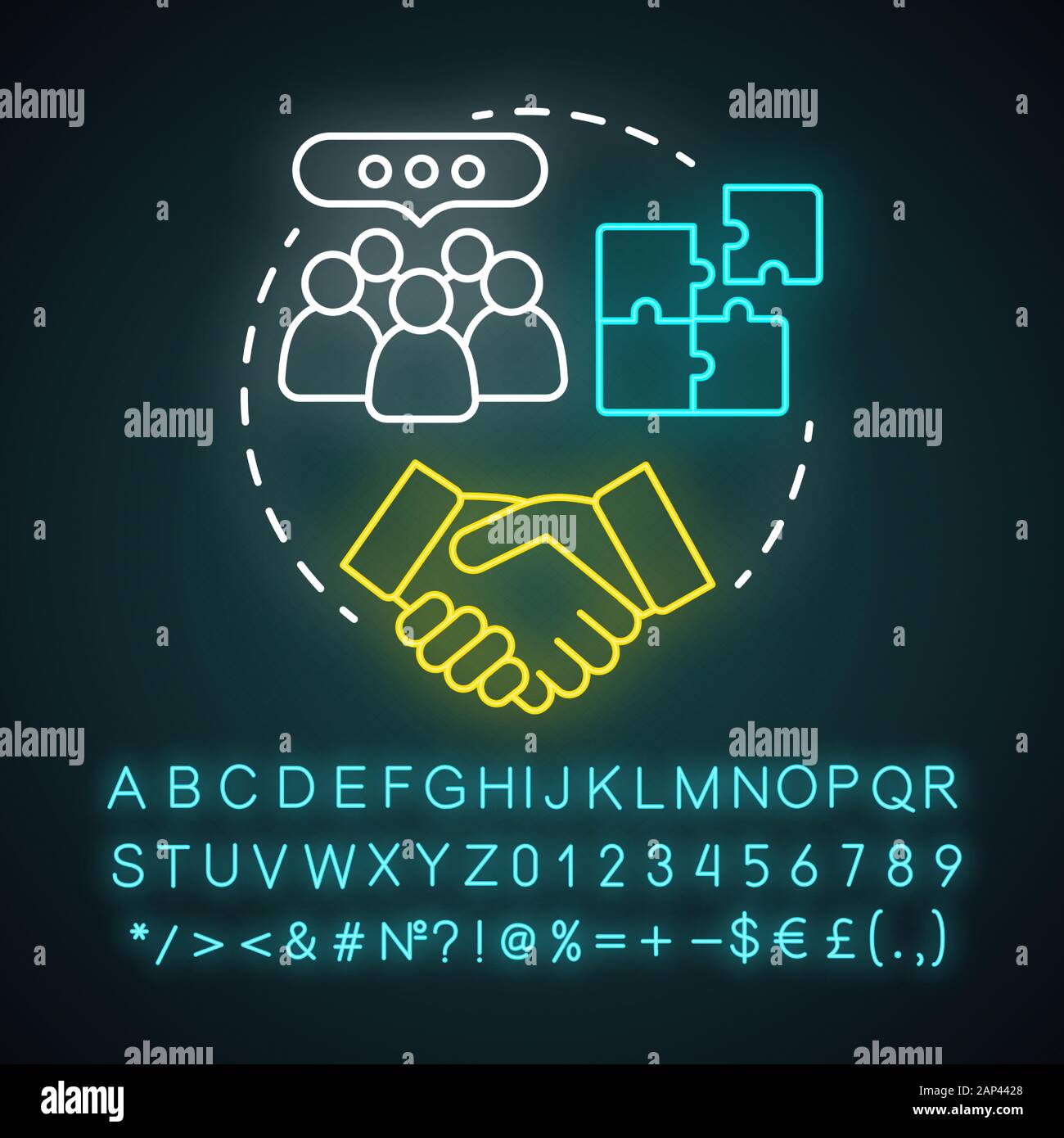 Team building event neon light concept icon. Corporate collaboration ...