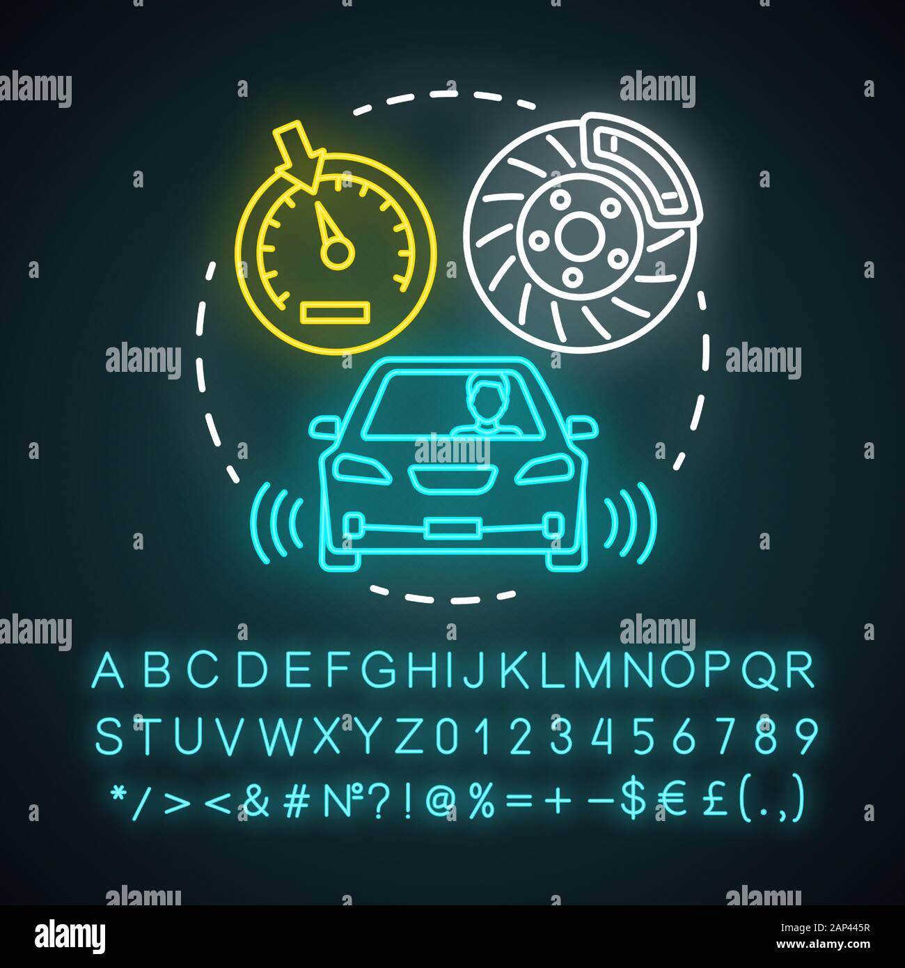 Partial automation neon light concept icon. Vehicle with cruise control ...