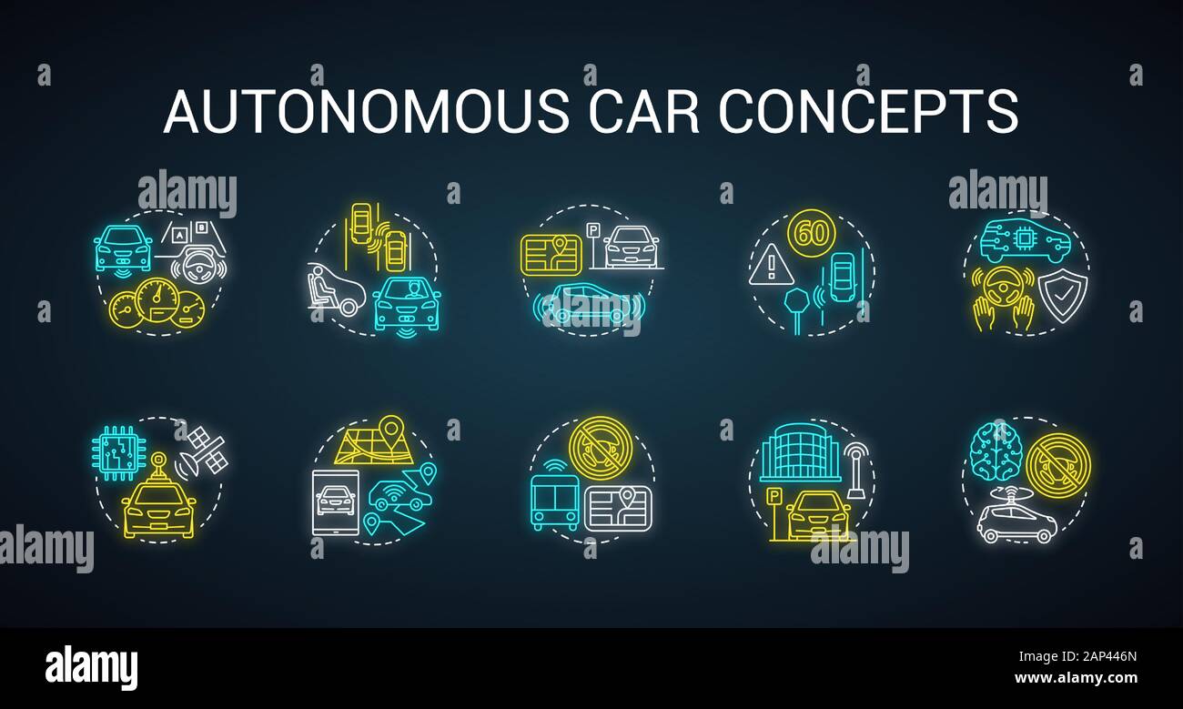 Autonomous car neon light concept icons set. Car robotic features ...