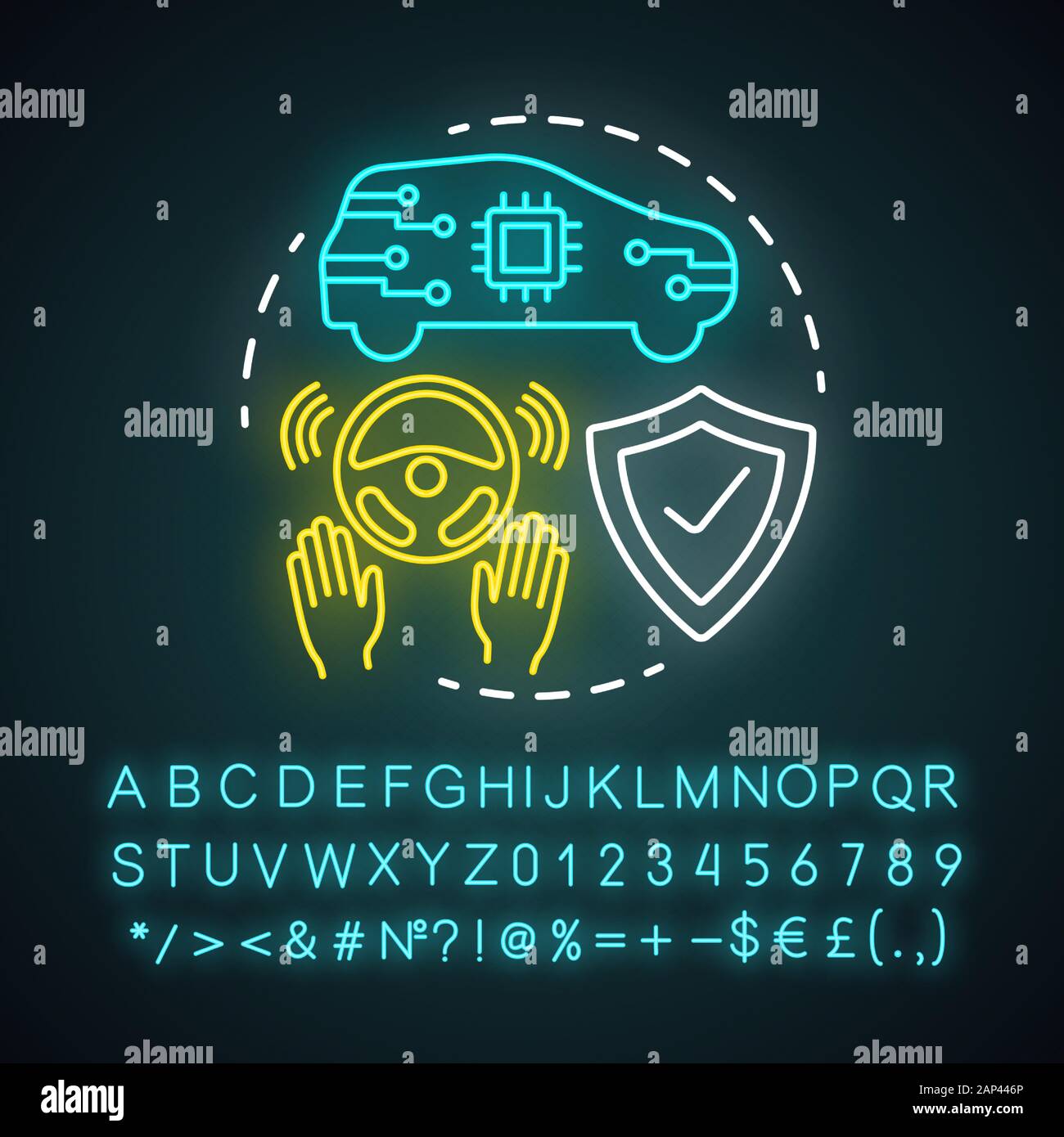 Steering assist neon light concept icon. Smart car. Steering support ...