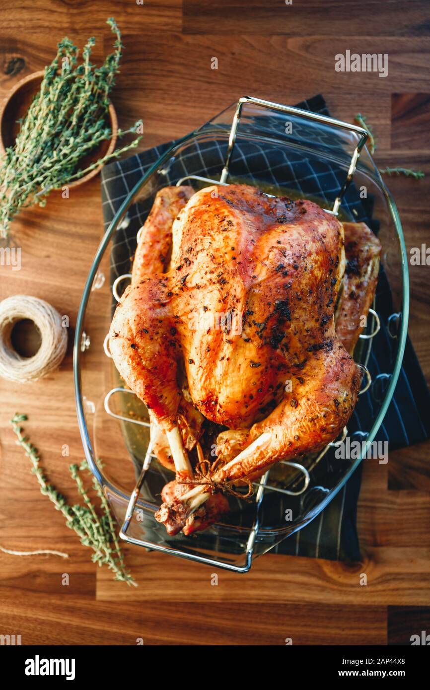 Roasted whole turkey on a table for family Thanksgiving Holiday Stock ...