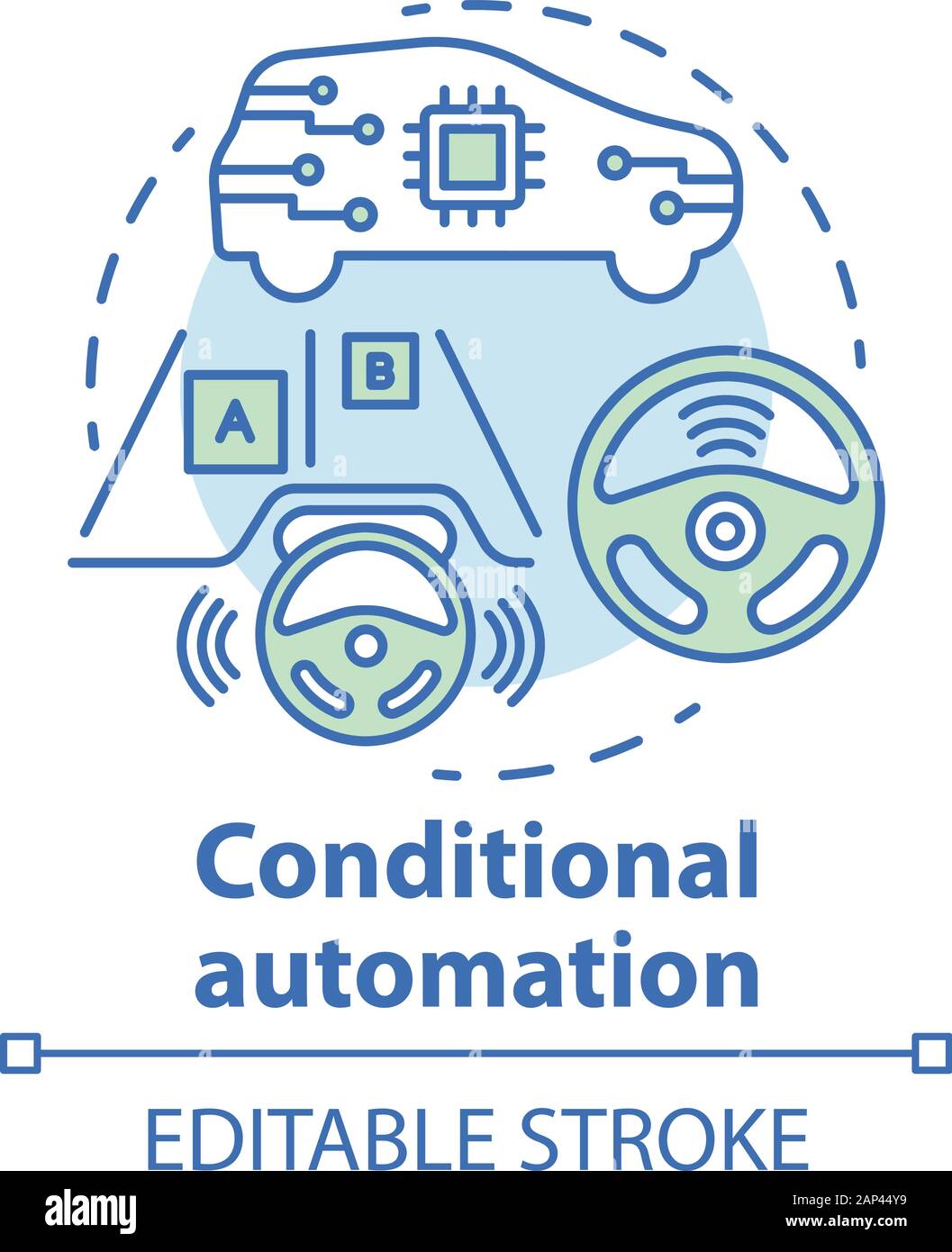 Conditional automation concept icon. Adaptive cruise control. Car with ... Conditional automation concept icon. Adaptive cruise control. Car with ...