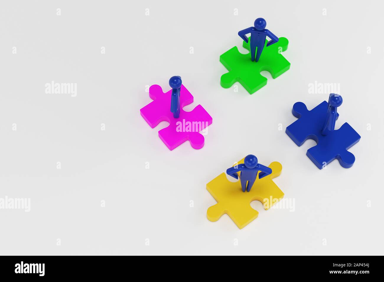 Four 3d man are standing on pieces of the puzzle. Teamwork concept. 3d ...