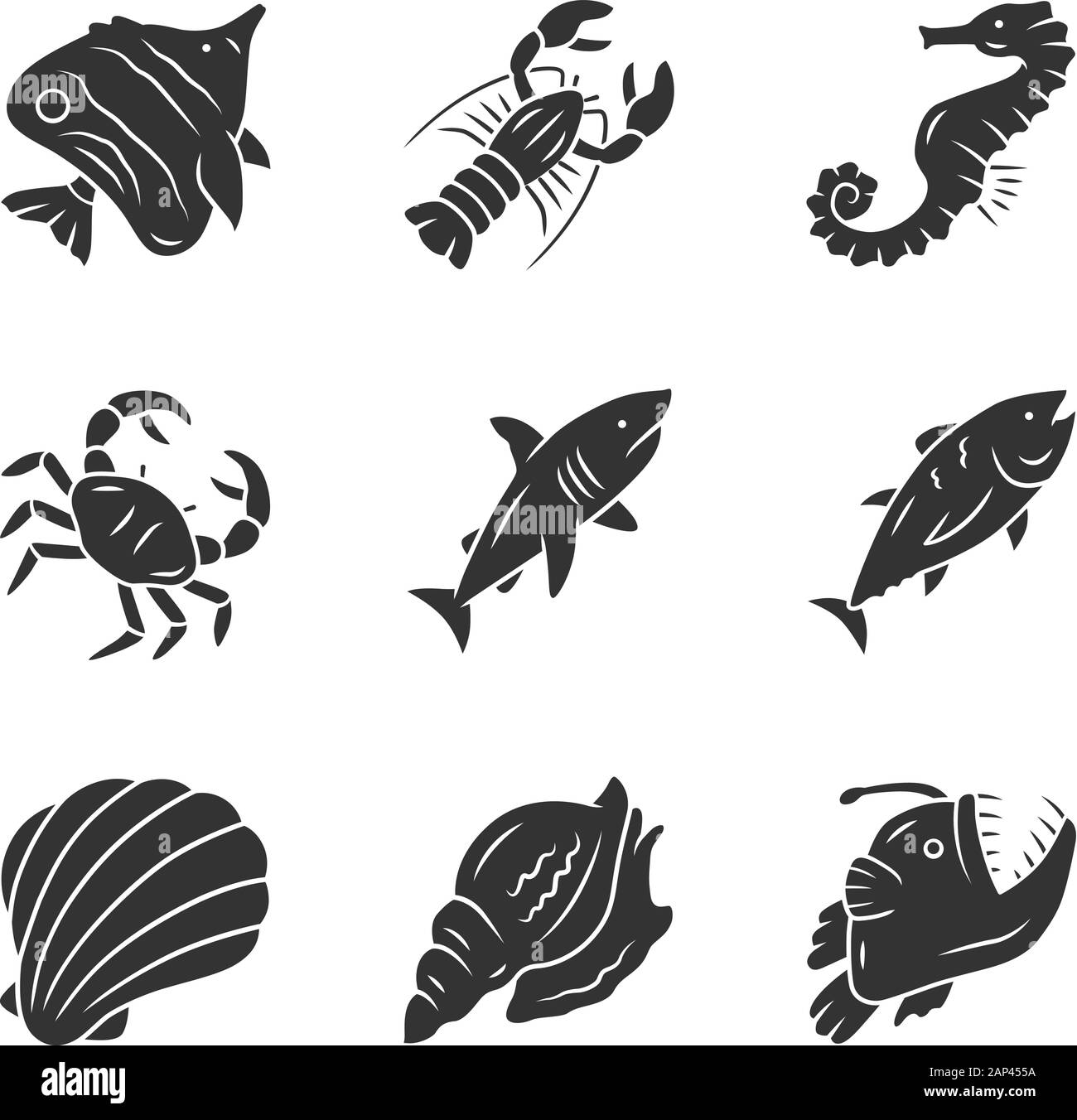 Marine animals glyph icons set. Swimming shark, anglerfish. Underwater ...