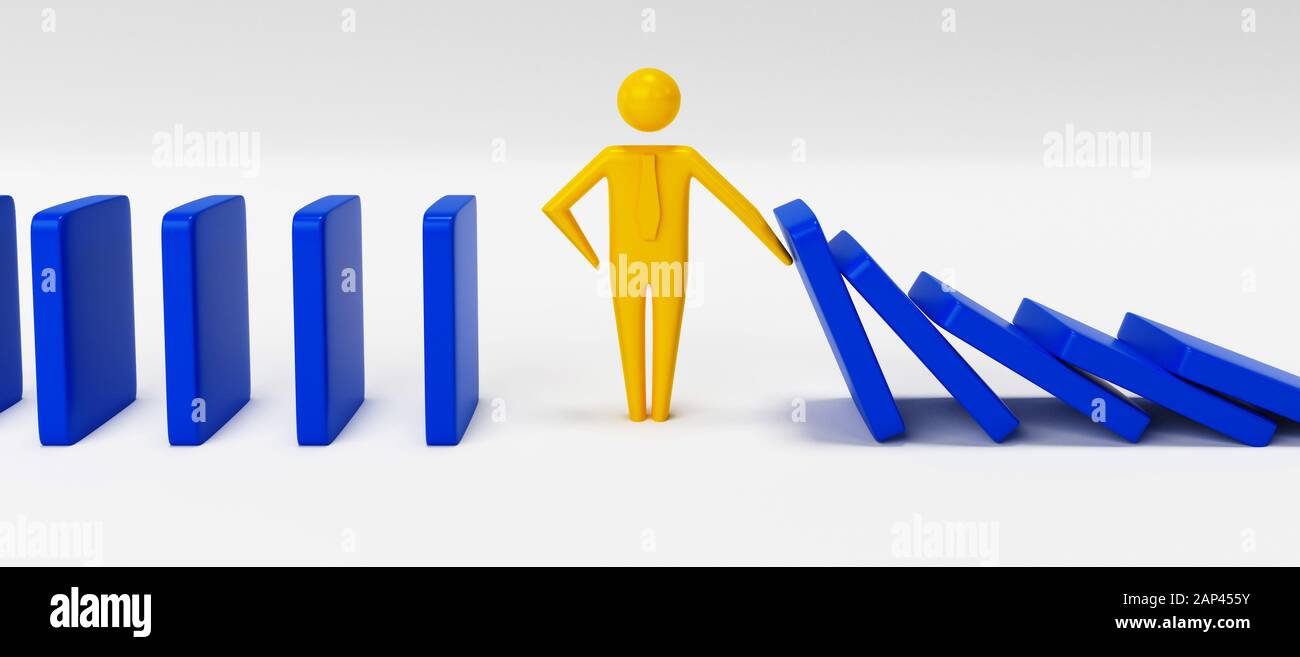 Man figure stopping the domino effect. Executive and risk control ...