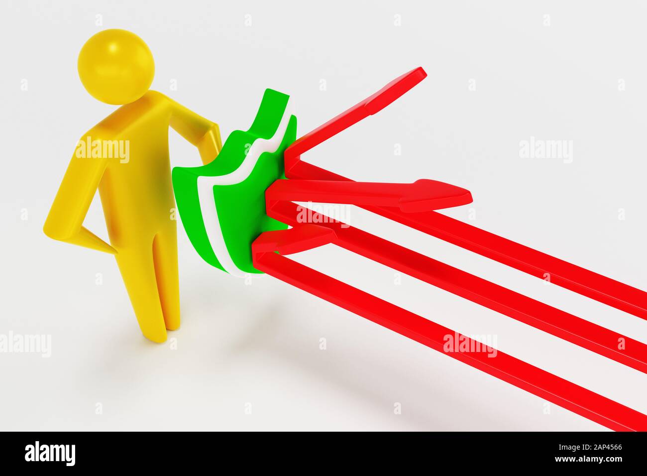 Businessman holds green shield covering from red arrow. Insurance ...