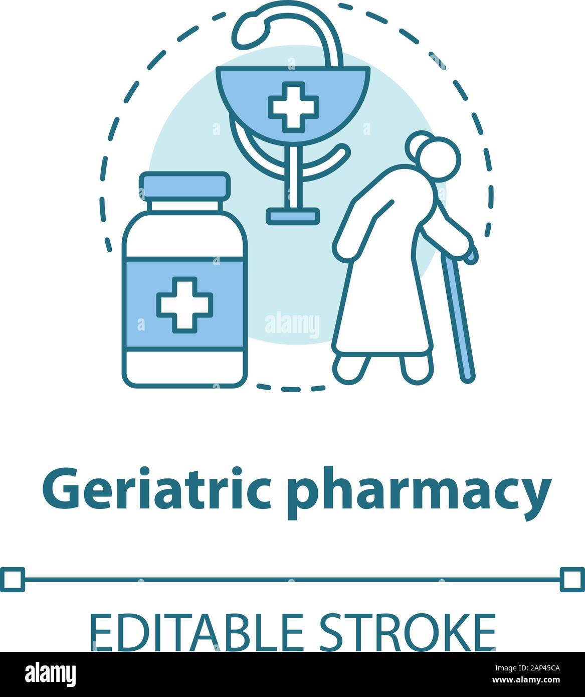 Pharmacy concept icon. Geriatric patient treatment idea thin line ...