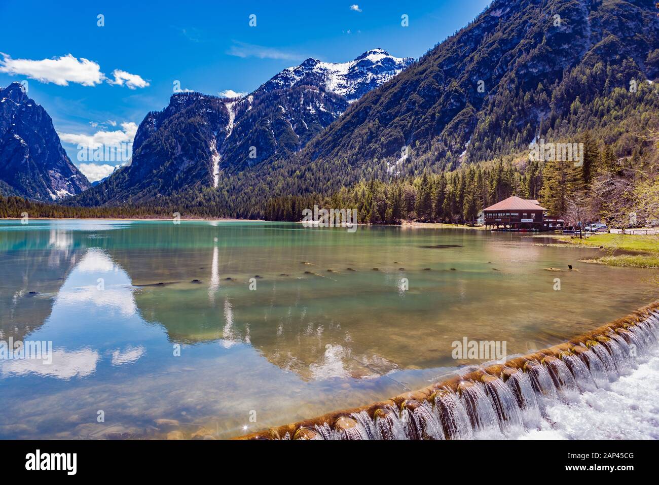 Lago di Dobbiaco alias Toblacher See in Dolomite Alps, South Tirol ...