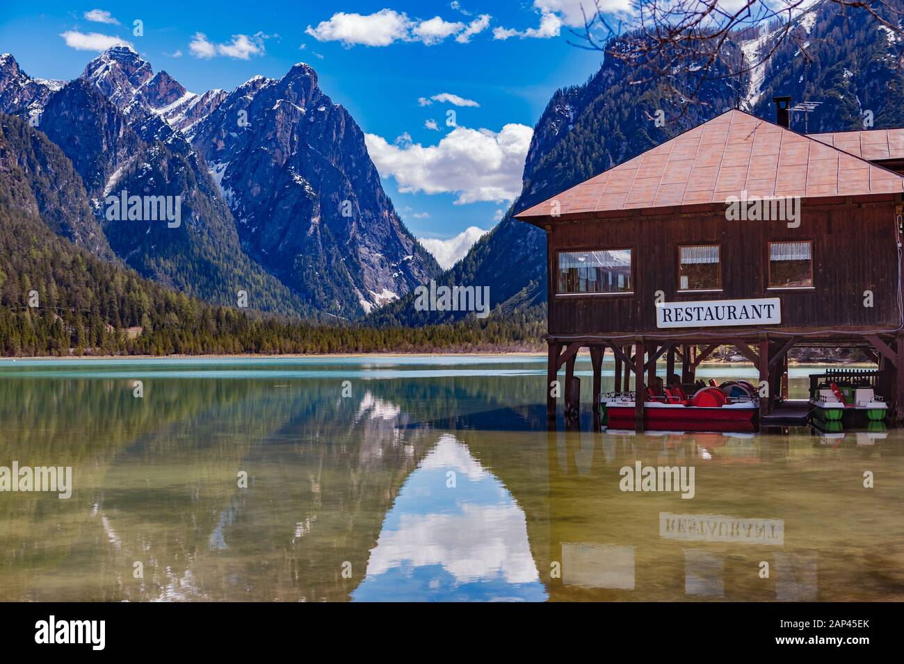 Lago di Dobbiaco alias Toblacher See in Dolomite Alps, South Tirol ...