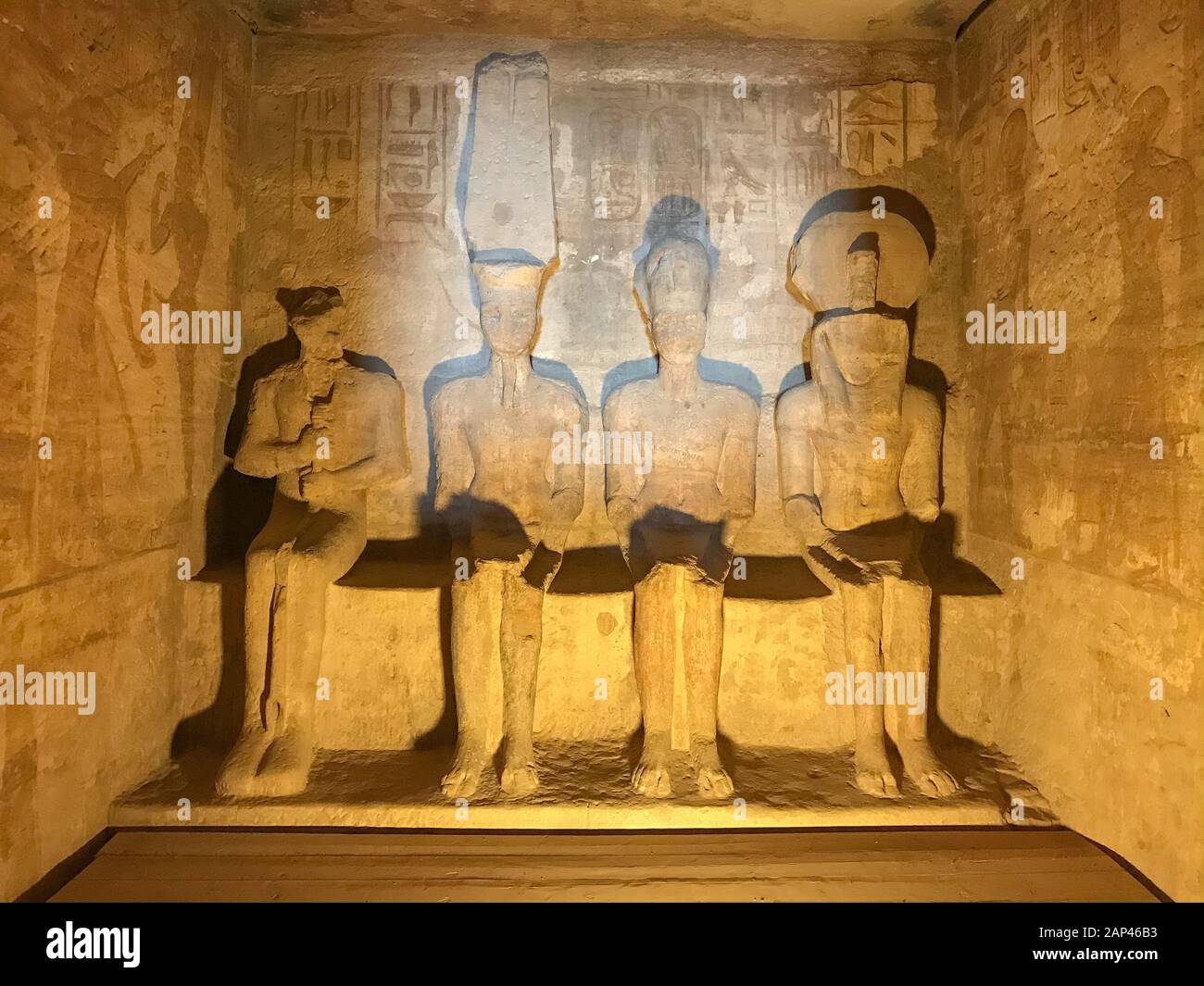 Four statues of divinities inside the inner sanctuary of Abu Simbel ...