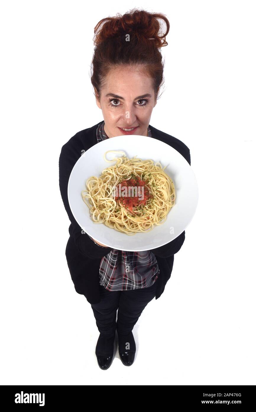 woman with spaghetti on white background Stock Photo - Alamy