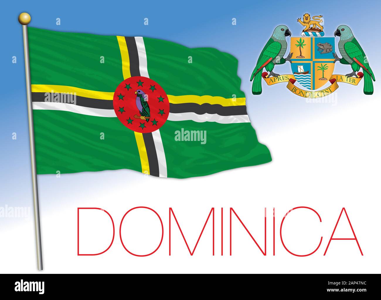 Dominica official national flag and coat of arms, vector illustration ...