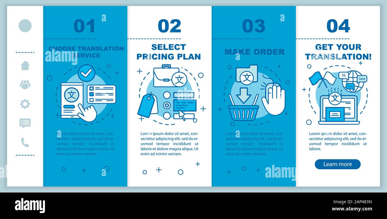 Translation service process onboarding mobile web pages vector template ...