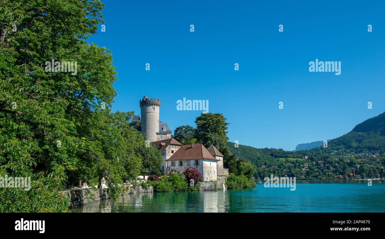 view of Lake Annecy and Chateau de Duingt (Duingt Castle), Haute-Savoie ...