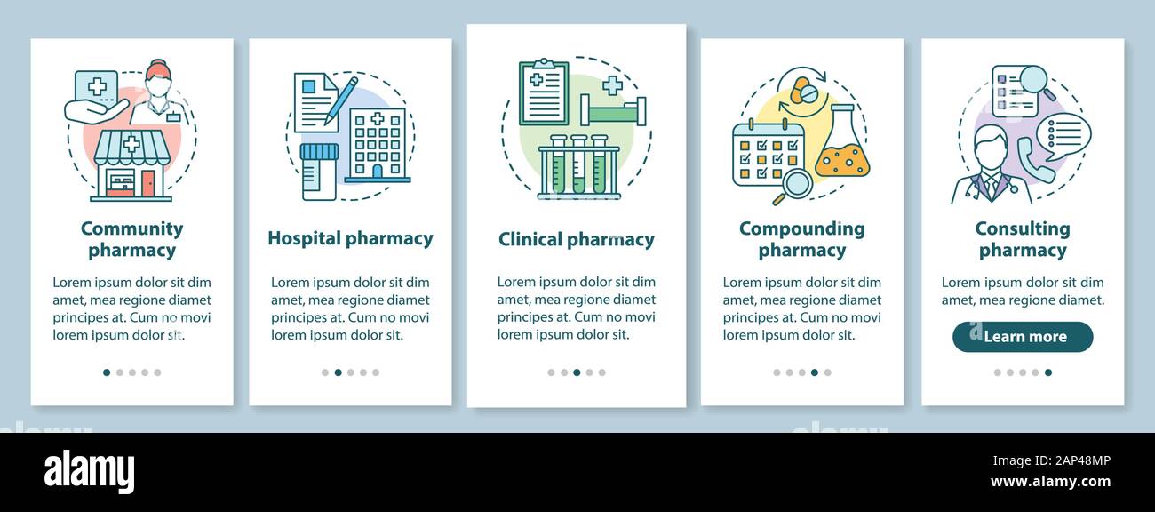 Pharmacy types onboarding mobile app page screen with linear concepts ...