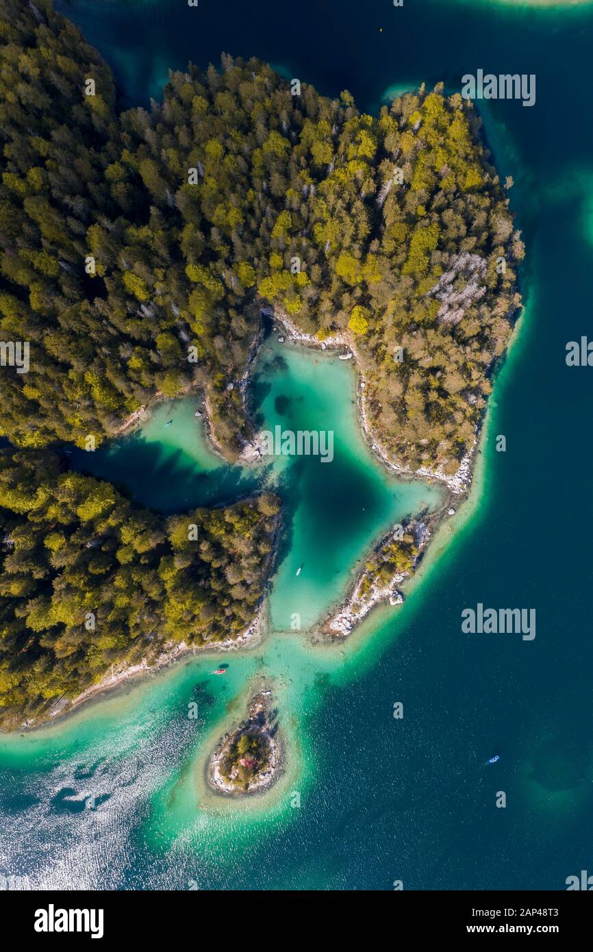Aerial view, small islands and wooded shore from above, Eibsee lake ...