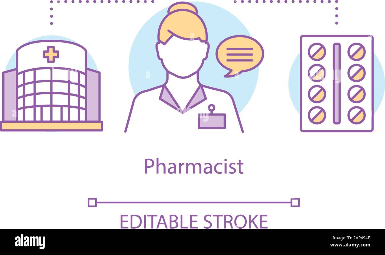 Pharmacy concept icon. Pharmacist, drug research expert idea thin line ...