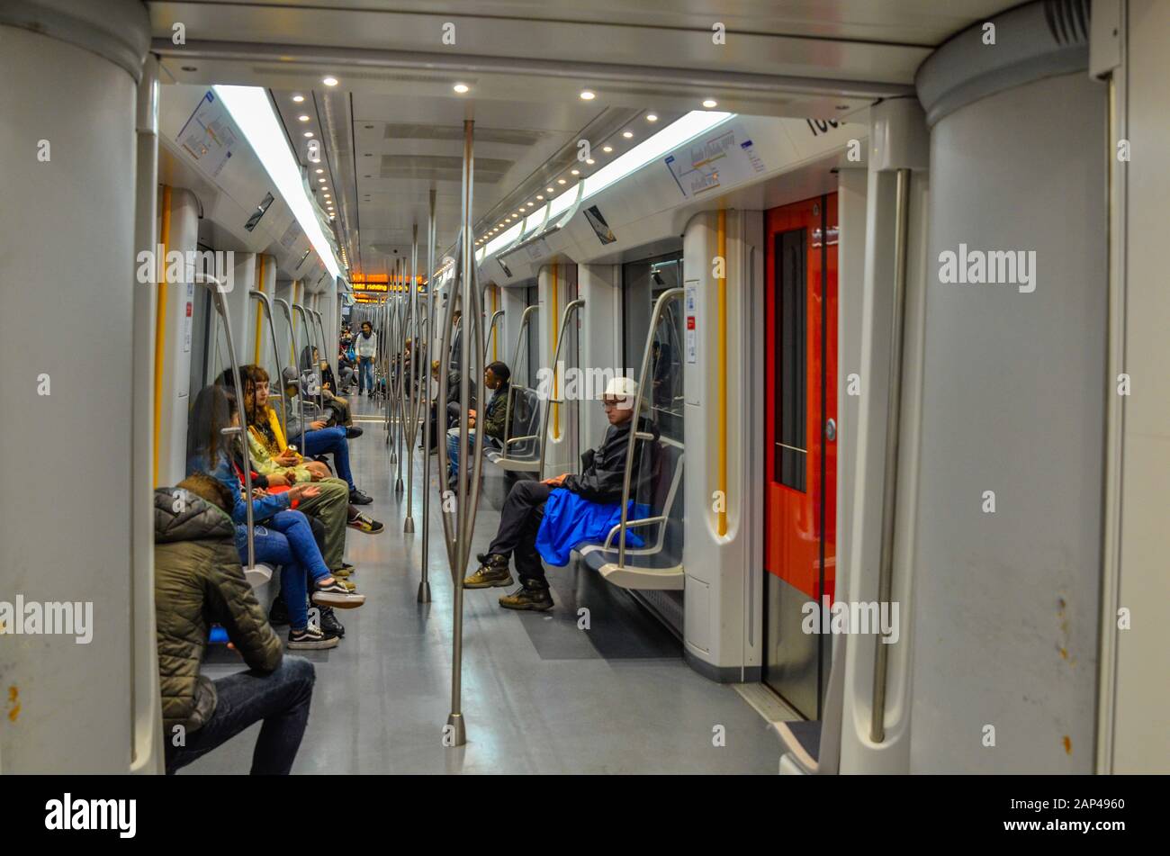 Amsterdam, Holland, August 2019. Interior view of the metro carriage ...