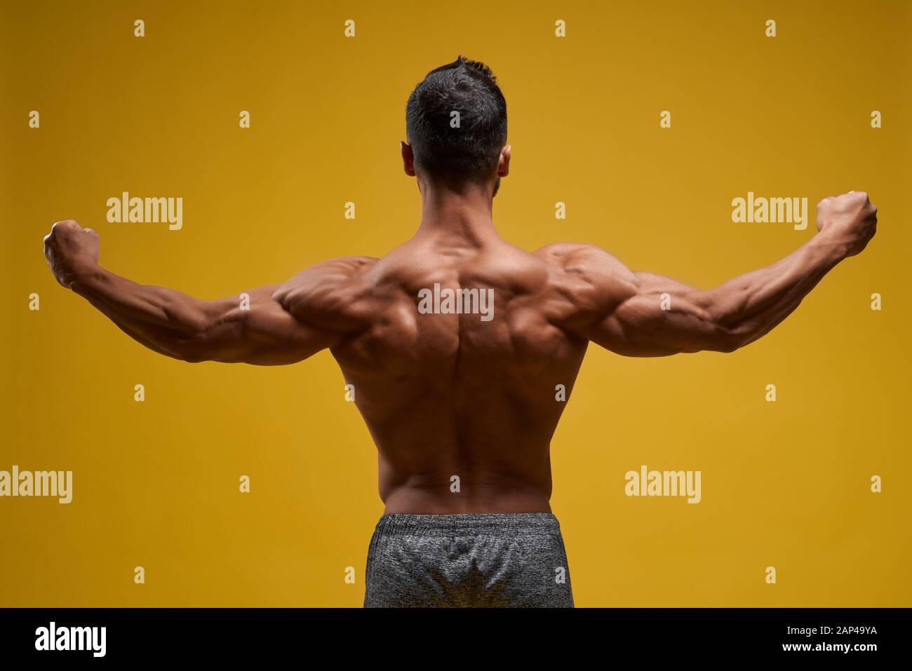 Back view of athletic gentleman demonstrating strong well trained body ...