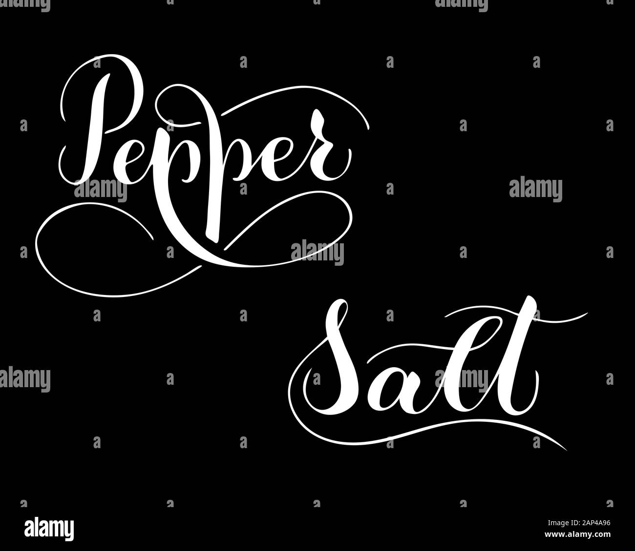 Vector hand written pepper and salt text isolated on black background ...