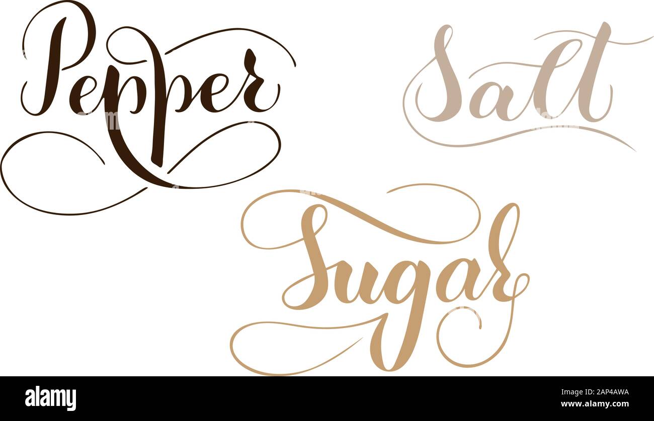 Vector hand written pepper, salt and sugar text isolated on white ...