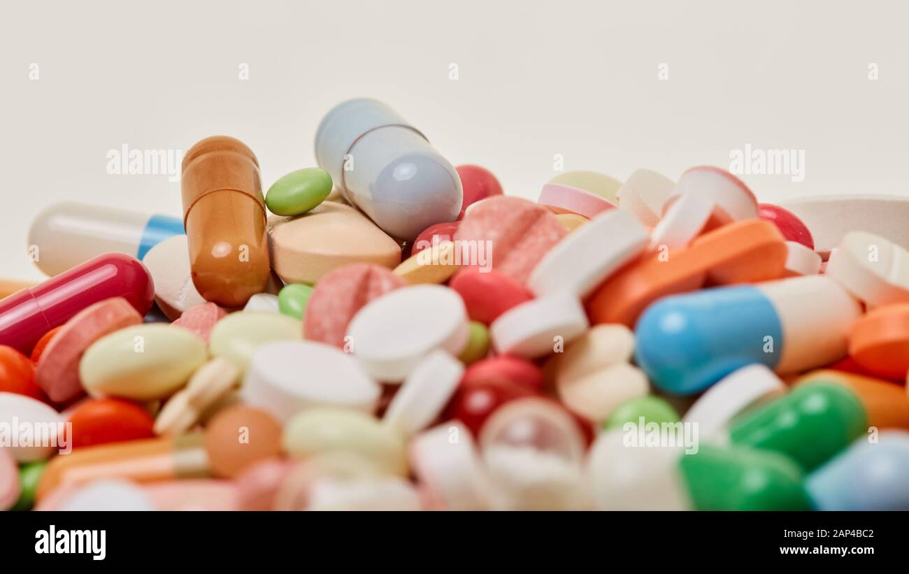 Heap of various colorful medicines drugs and pills as a close-up Stock ...