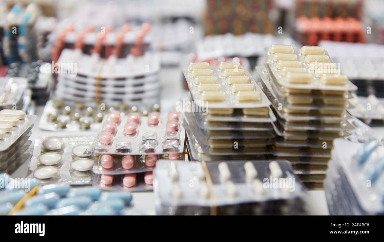 Many drugs and medicines drugs sorted on stacks in a pharmacy Stock ...