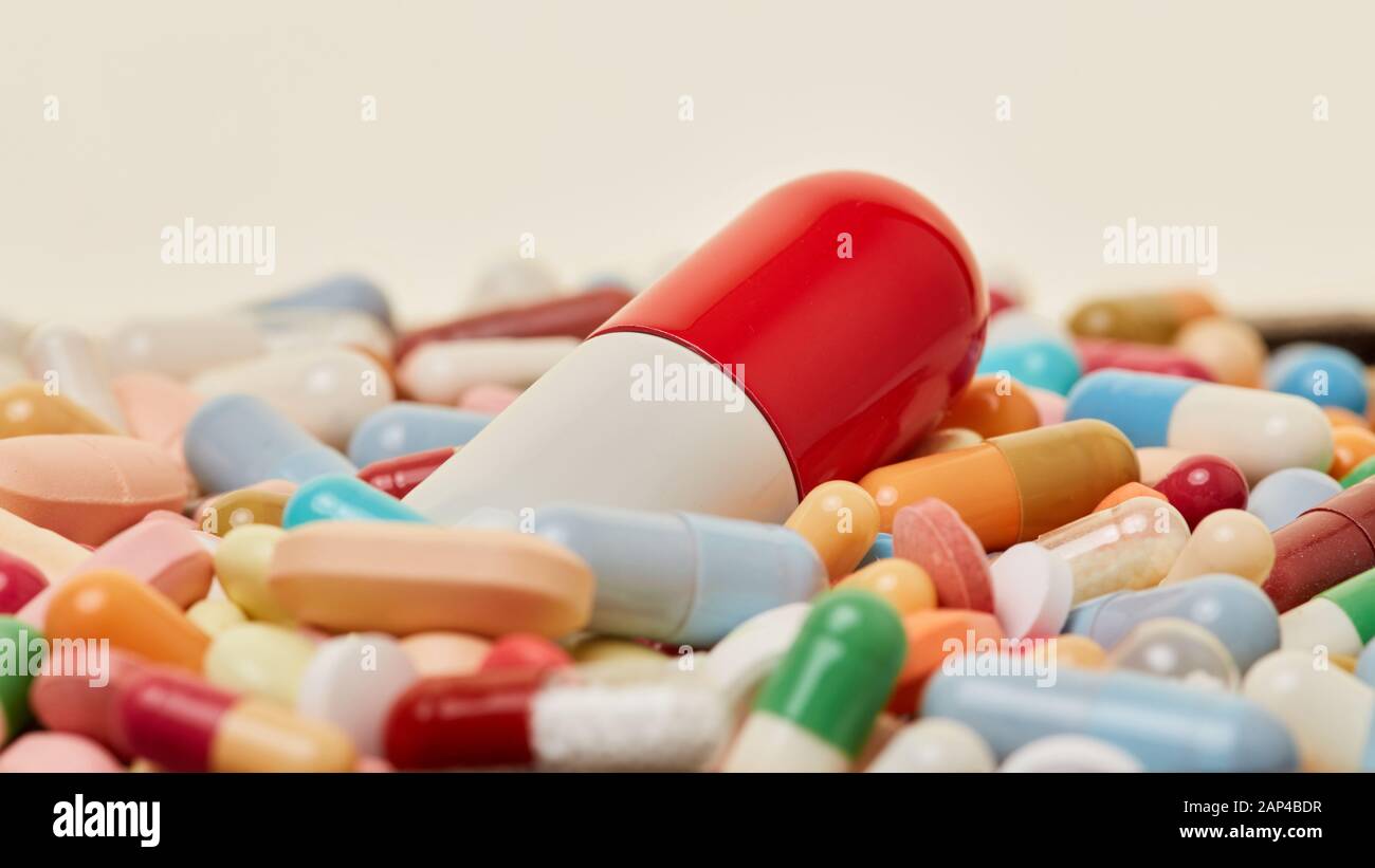 Pill and medication as a background header with copy space Stock Photo ...